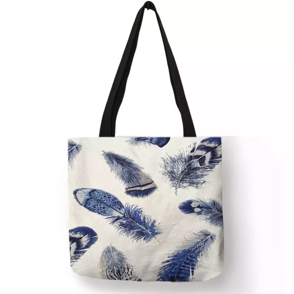 Bags | Ecofriendly Bohemian Blue Feather Folding Tote Bag | Poshmark